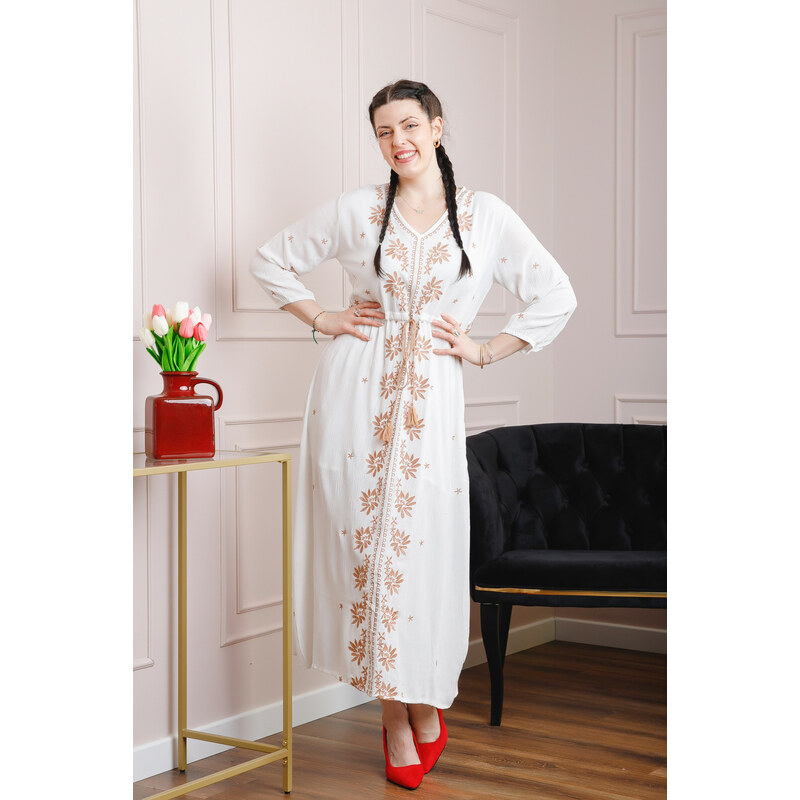 Portul Romanesc Rochie traditionala alba cu motiv floral crem Anabela ...