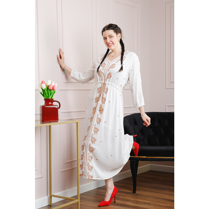 Portul Romanesc Rochie traditionala alba cu motiv floral crem Anabela ...