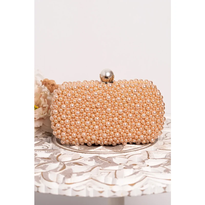 Geanta eleganta Elsa champagne decorata cu perle sidefate InPuff Basic ...