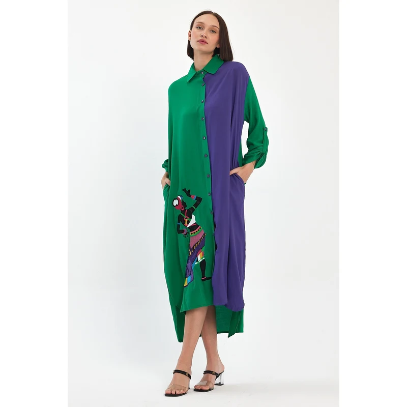 Vale Woman Rochie camasa oversize verde-mov cu broderie silueta fata ...