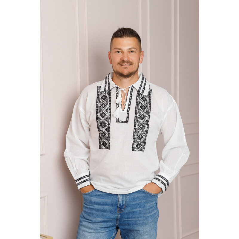 Portul Romanesc Camasa barbateasca traditionala alba cu motiv geometric ...