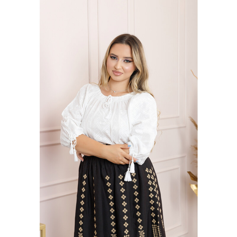 Portul Romanesc Ie traditionala alba cu motiv geometric alb Eliana ...