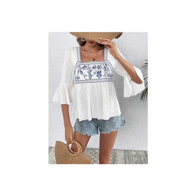 Bluza din bumbac cu broderie si maneca 3/4, alb, dama, Shein - GLAMI.ro