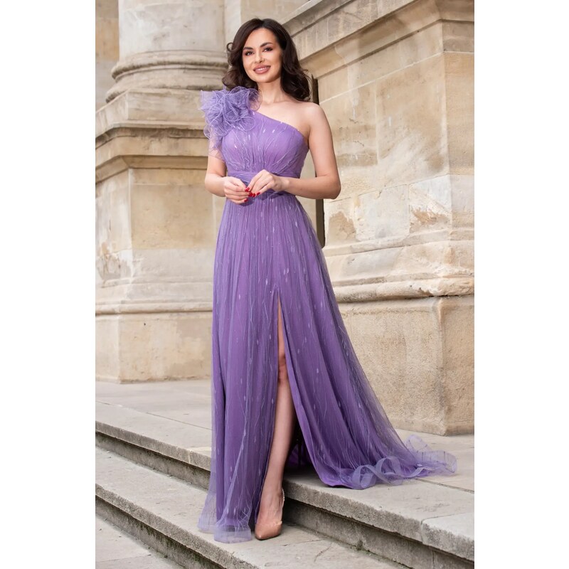 Rochie de seara mov lunga Clio din tulle brodat cu floare 3D pe umar ...