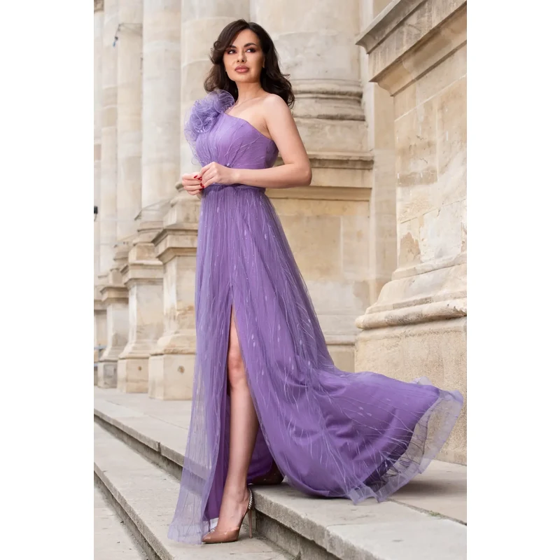 Rochie de seara mov lunga Clio din tulle brodat cu floare 3D pe umar ...