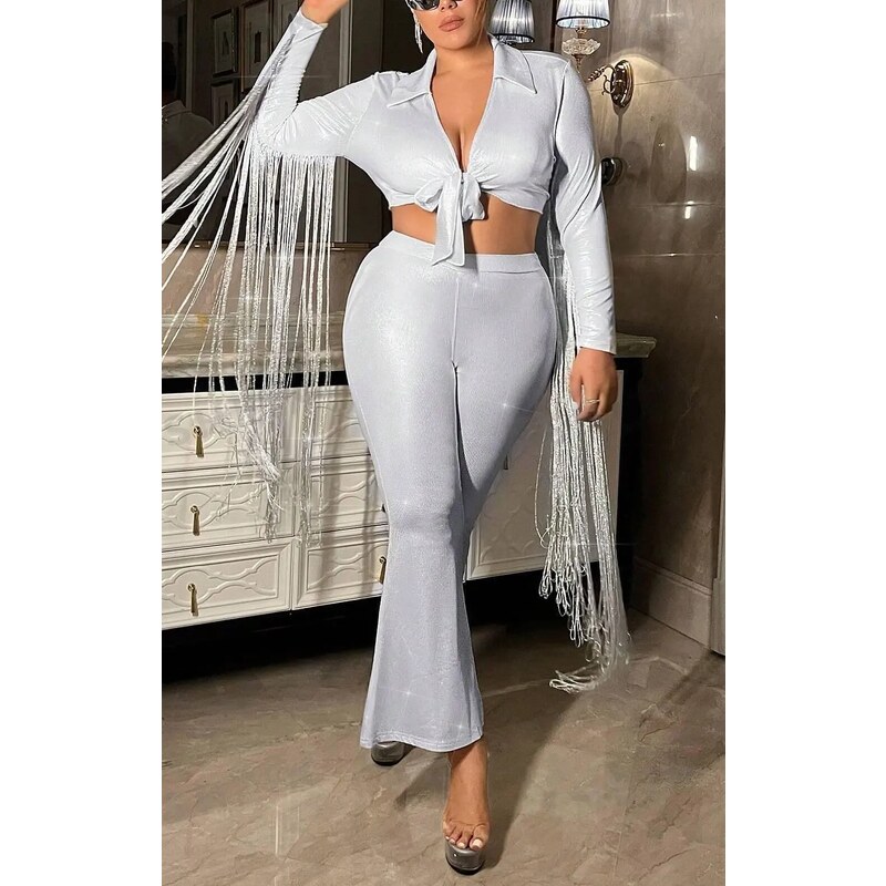 Top cu franjuri si maneca lunga, argintiu, dama, Shein - GLAMI.ro