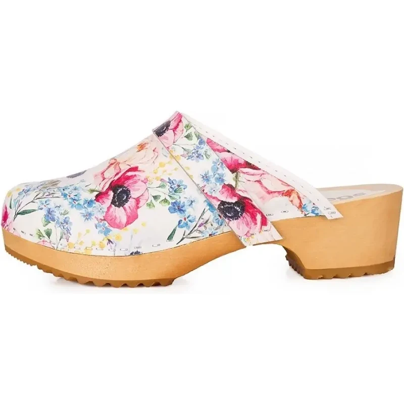 Saboti piele naturala cu talpa lemn Tris mac-floral Dr. Calm - GLAMI.ro