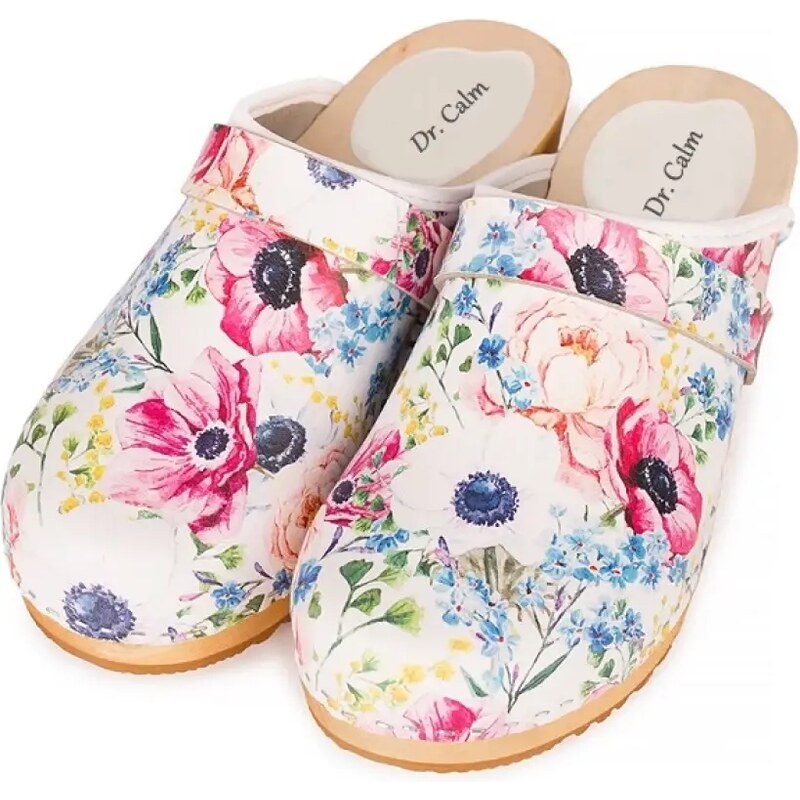 Saboti piele naturala cu talpa lemn Tris mac-floral Dr. Calm - GLAMI.ro