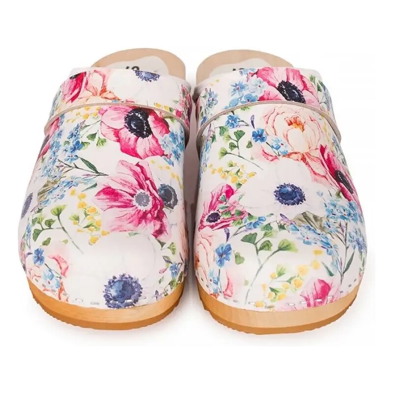 Saboti piele naturala cu talpa lemn Tris mac-floral Dr. Calm - GLAMI.ro