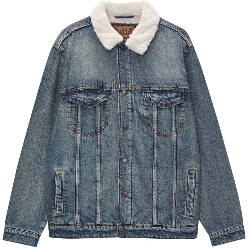 Pull&Bear Geacă de primăvară-toamnă albastru închis / alb lână - GLAMI.ro