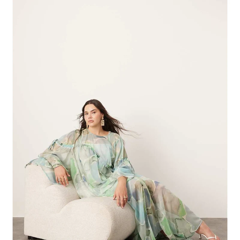 ASOS EDITION Curve long sleeve chiffon maxi dress with gathered detail ...