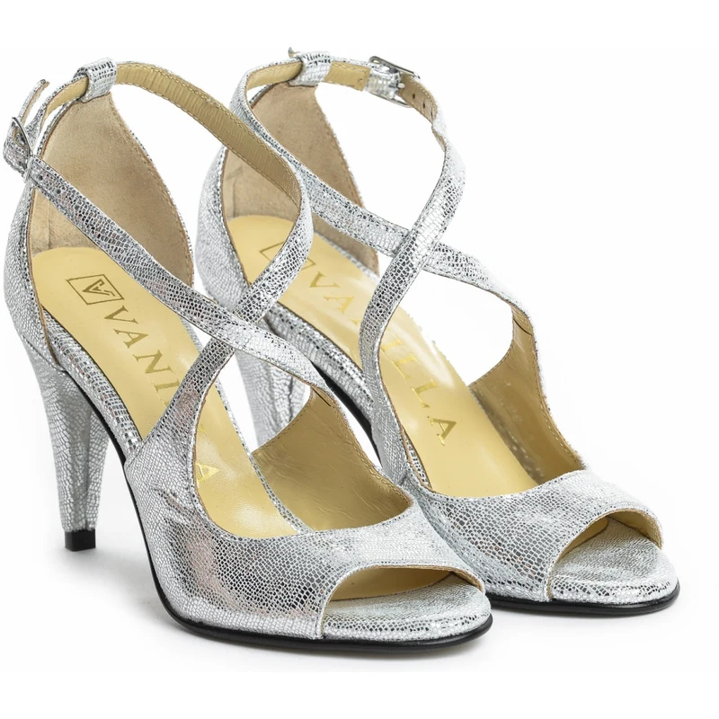 Sandale Tress cu toc mic subtire, imprimeu reptila, argintii - GLAMI.ro