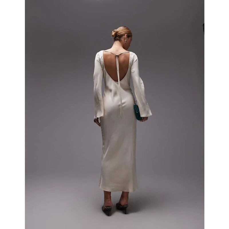 ASOS DESIGN satin angel sleeve low back maxi dress in ecru-White - GLAMI.ro