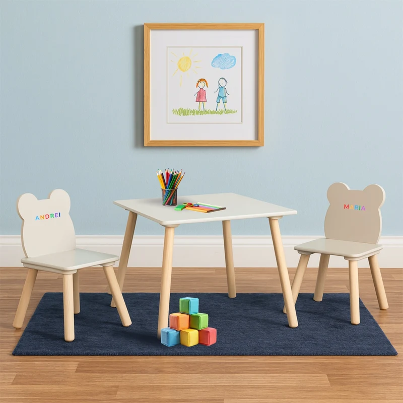Set Masa si 2 Scaune Suporto pentru Copii din Lemn MDF, Scaun in Forma ...